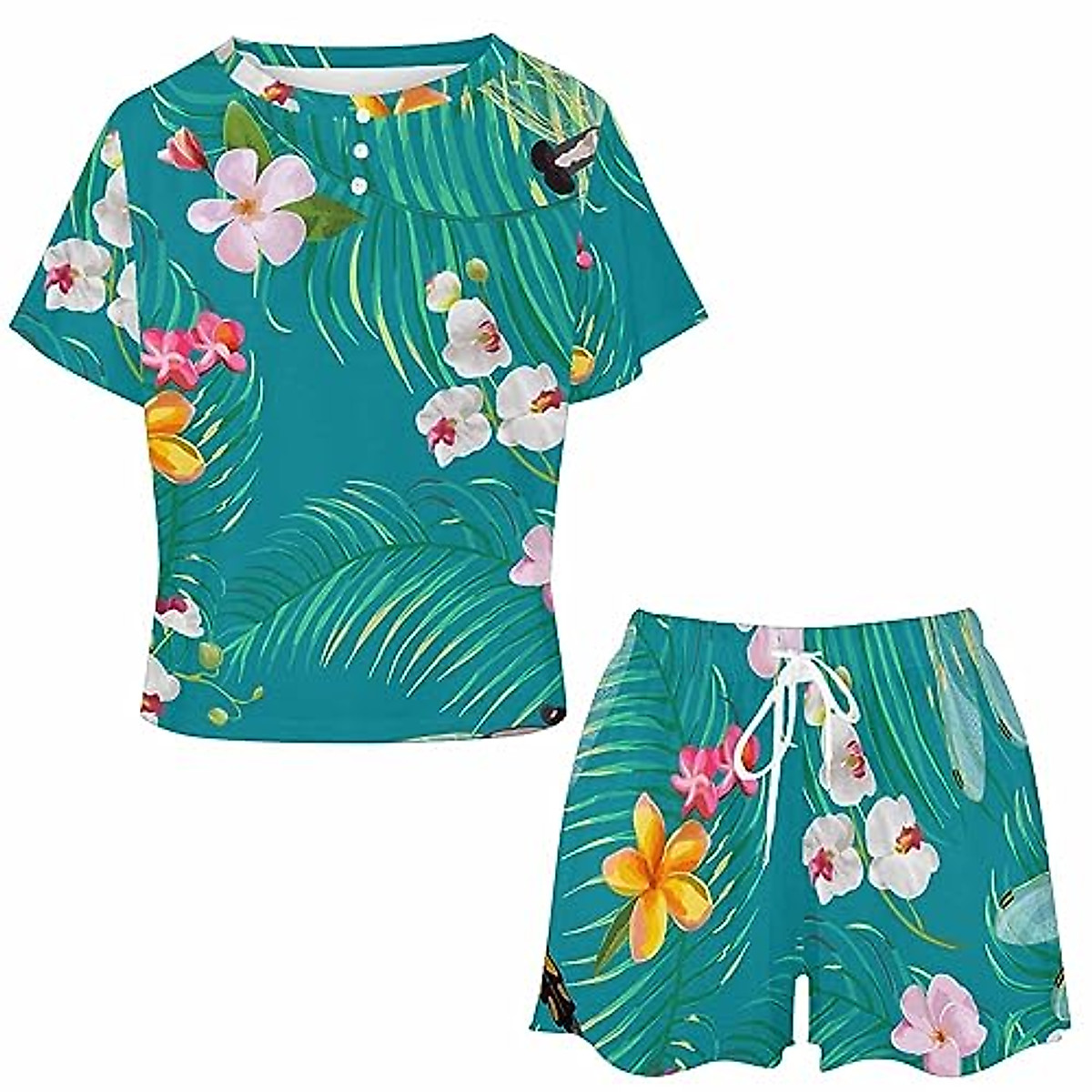 InterestPrint Tropical Floral Pattern with Dragonflies Women's Shorts Button Up pajama Shorts Suit Drawstring Shorts Set Lounge Sets
