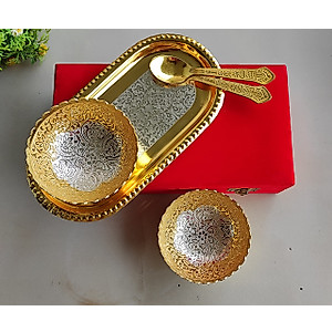 Indian Art Villa Silver Plated Gold Polished Bowl Set with Spoon Tray, Diwali Gift Item