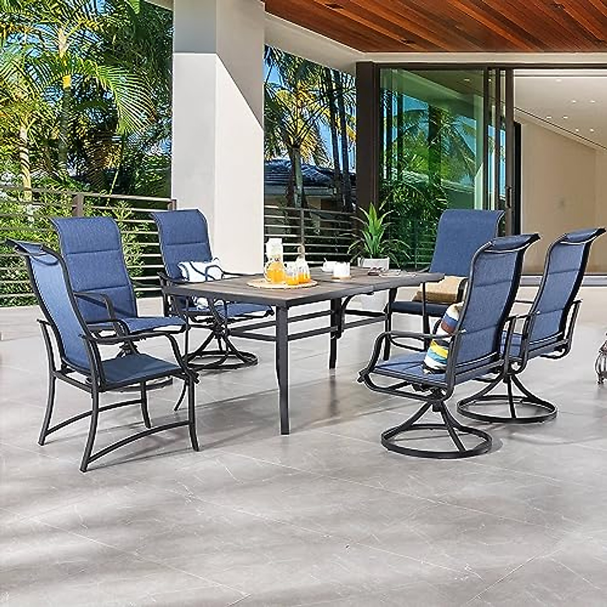 PatioFestival Patio Dining Set swith Swivel Rocker Chairs 7 Pieces High Back Outdoor Furniture 63" Rectangle Table Sets, Blue