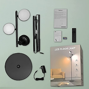 MOFFE Modern Tree Floor Lamp,3 Lights Adjustable Rotate and Stepless Dimming,Stand Up Tall Pole Lamps with Remote and 2 Batteries for Living Room Bedroom Office Reading - Industrial Style Black