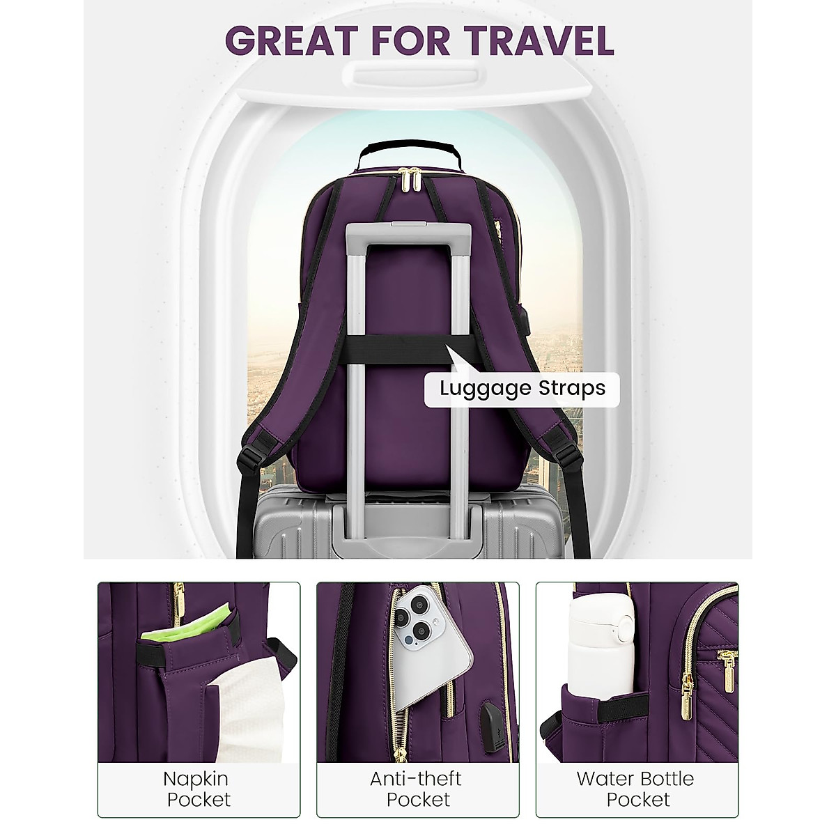 LOVEVOOK Laptop Backpack Purse for Women, Work Travel Computer Bags, College School Backpack for Student Girl, Quilted Casual Daypack with USB Port, Fit 15.6 Inch Laptop, Deep Plum