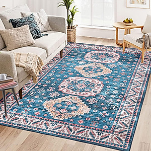 ROYHOME Area Rug Machine Washable Rug Small Throw Carpet 4x6 Rug Boho Area Rug Non Slip Distressed Area Rug Oriental Rug for Living Room Bedroom Kitchen, Blue 4' x 6'