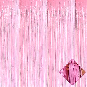 4 Pack 3.2Ft x 8.2Ft Pink Foil Fringe Curtain Backdrop, Metallic Tinsel Foil Fringe Streamers Curtains Background for Photo Booth, Birthday, Wedding, Halloween, Christmas Party Decoration