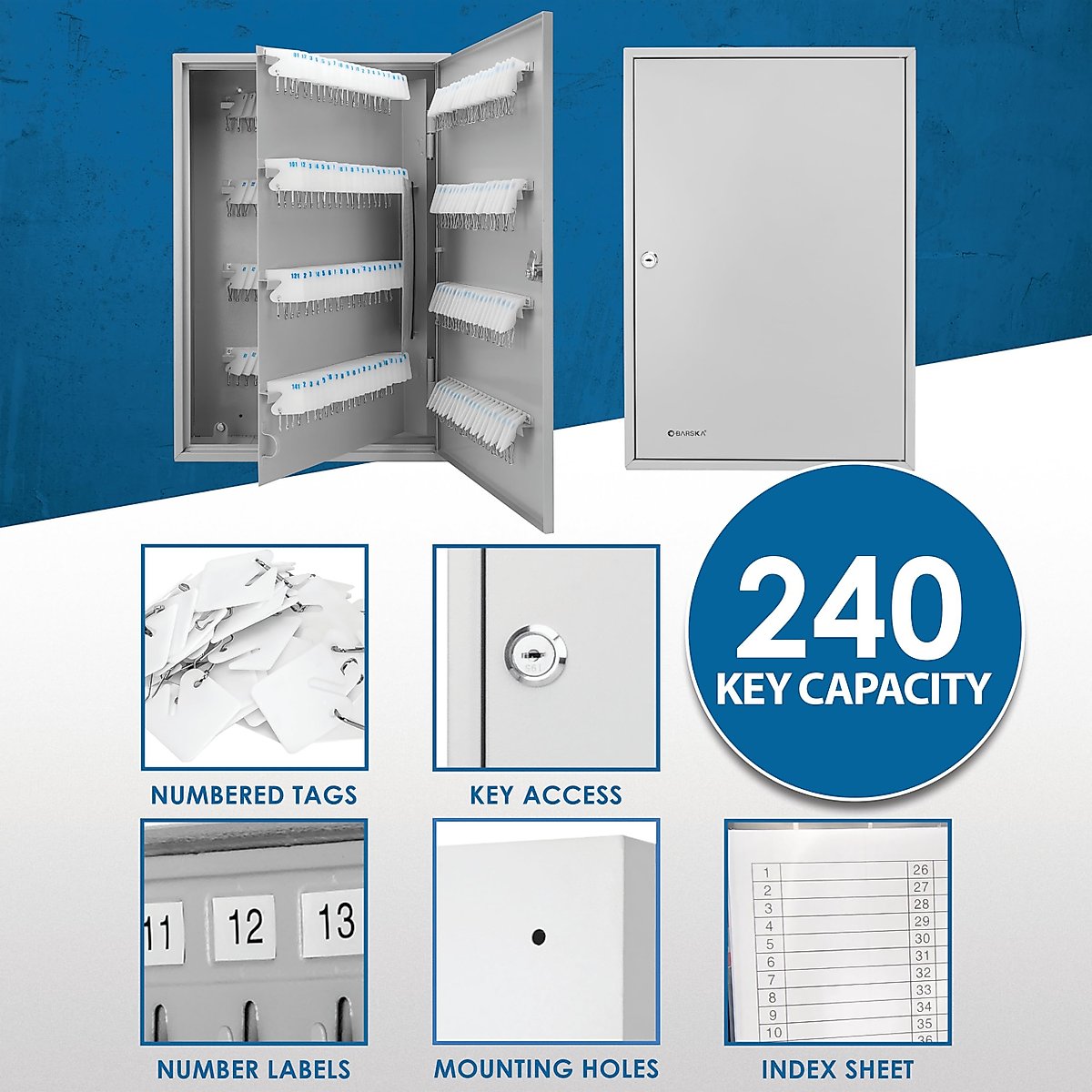 Barska Key Lock Key Cabinet Lock Box with Numbered Hooks and Tags - 240 POSITION - WHITE TAGS