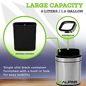 Alpine 6 L Stainless Steel Slim Open Trash Can - Compact Garbage Bin - Wide Access Top Slender Durable Receptacle with Sturdy Plastic Liner (1.6 Gal)