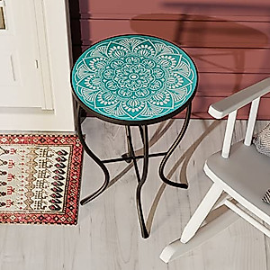 FROMJBEST Mosaic Outdoor Side Table, Patio Side Table, Weather Resistant 14" Diameter 21" H Ceramic Tile Round Outside Table for Patio, Porch, Garden, Pool, Indoor&Outdoor,Plant Stand (Cyan)
