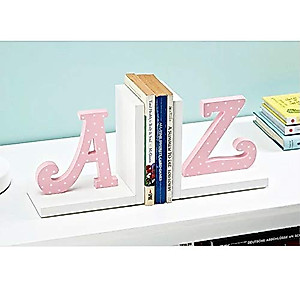 Apol Creative Pink and White Dots A-Z Letter Wood Bookends Book Ends Book Organizers Bookshelf for Kids Study Gift School Office Library Home Desk Decoration