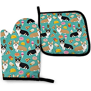 QISHUI Cute Corgi Oven Mitts and Pot Holders Kitchen Set Heat Resistant Cooking Baking BBQ Mitts