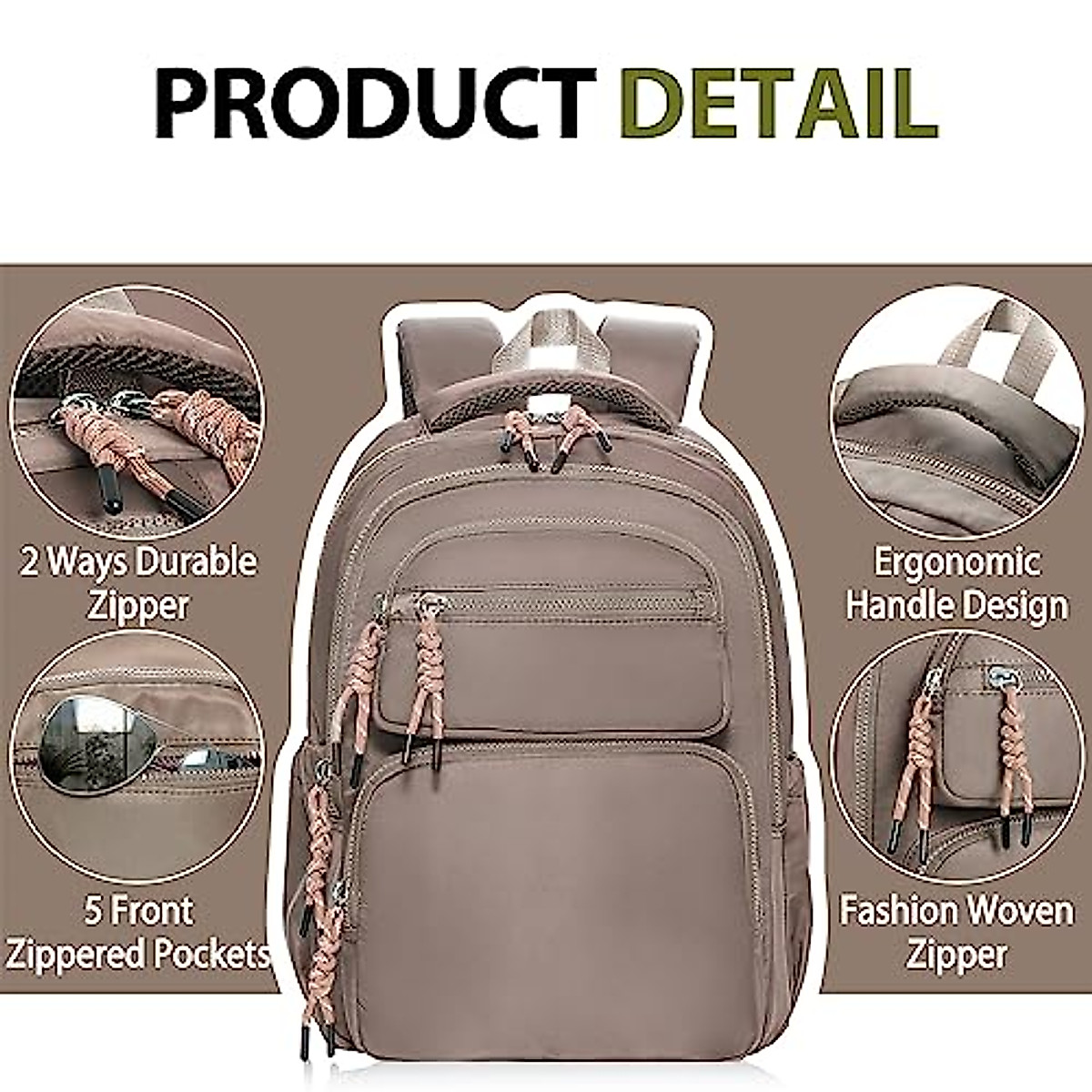 AUGUST 18 Multi-Pocket Backpack for Women Men, Casual Laptop Backpacks with Breathable Shoulder Straps and Luggage Belt for College Commute Business, 25L(Brown)