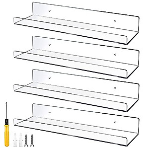 Dulinkas 15-Inch 4 Pcs Floating Shelves Clear Acrylic Shelves Invisible Floating Wall Ledge Bookshelf 5MM Thick Premium Book Display Shelves Wall Mounted Bathroom Kitchen Organizer