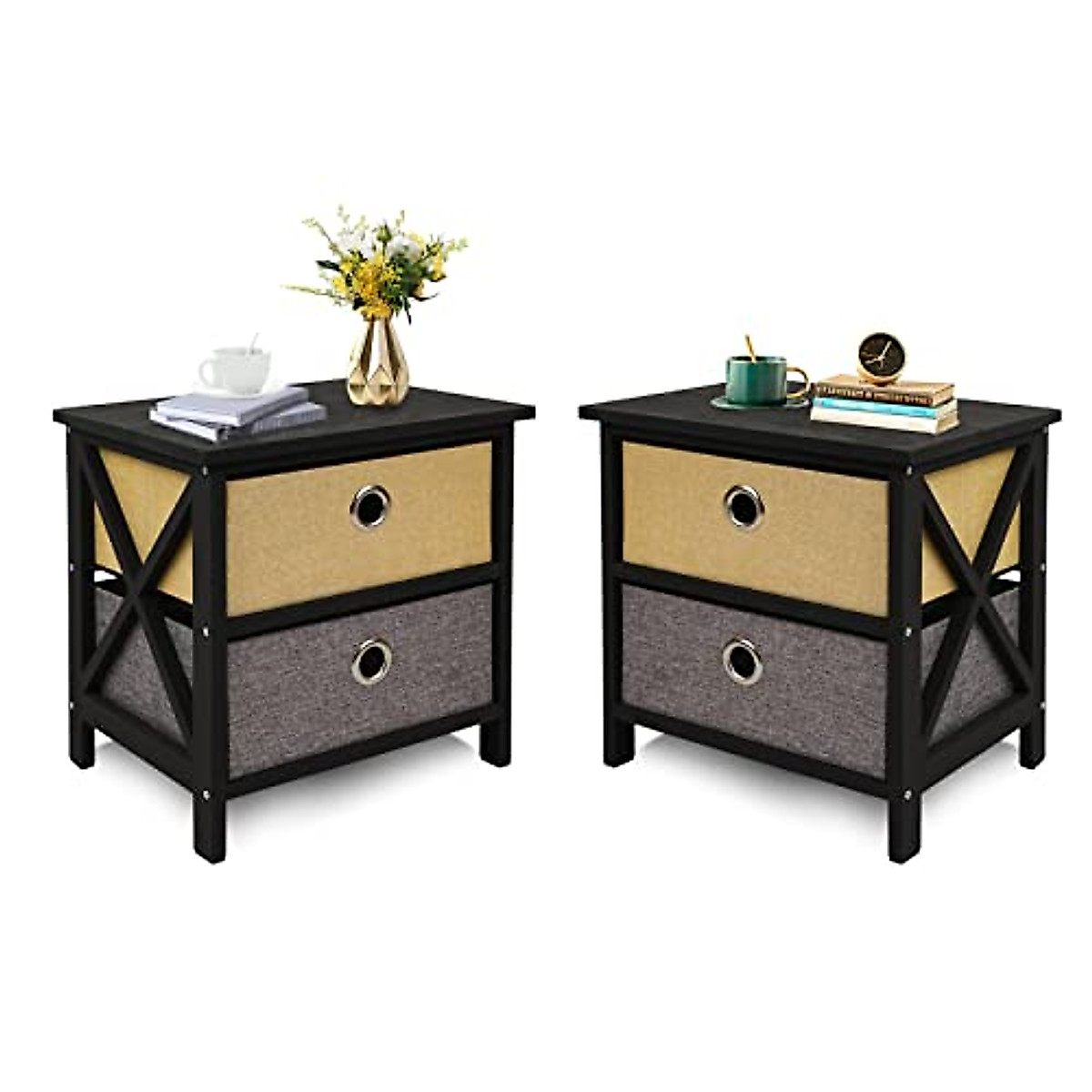 Acehome Nightstand Set of 2, 2 Drawers for Bedroom, Small Dresser with 2 Fabric Drawers, Storage Bedroom Bedside Table/Night Table, Wood Top Fabric Dresser nightstand for Bedroom, Living Room Black