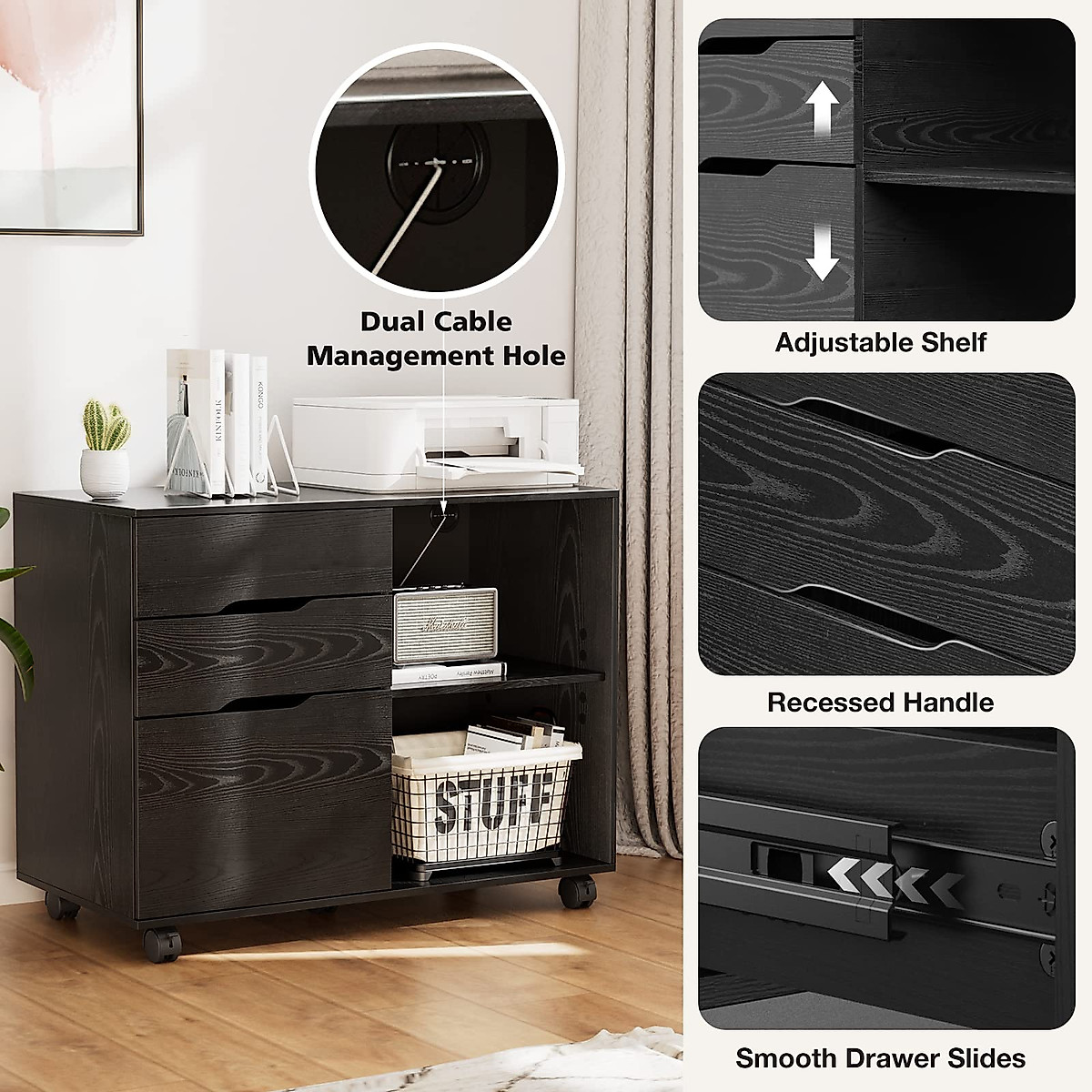 NEWBULIG 3-Drawer Mobile Cabinet Wood Lateral Filing, Printer Stand with Open Adjustable Storage Shelves and Wheels for Home Office, Black
