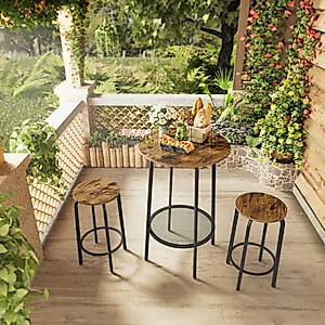 Furmax 3 Piece Pub Dining Set for 2 Small Kitchen Breakfast Table Set Space Saving Counter Height Stools and Round bar Table for Apartment Nook Balcony Dining Room with Metal Frame and Wine Rack,Brown