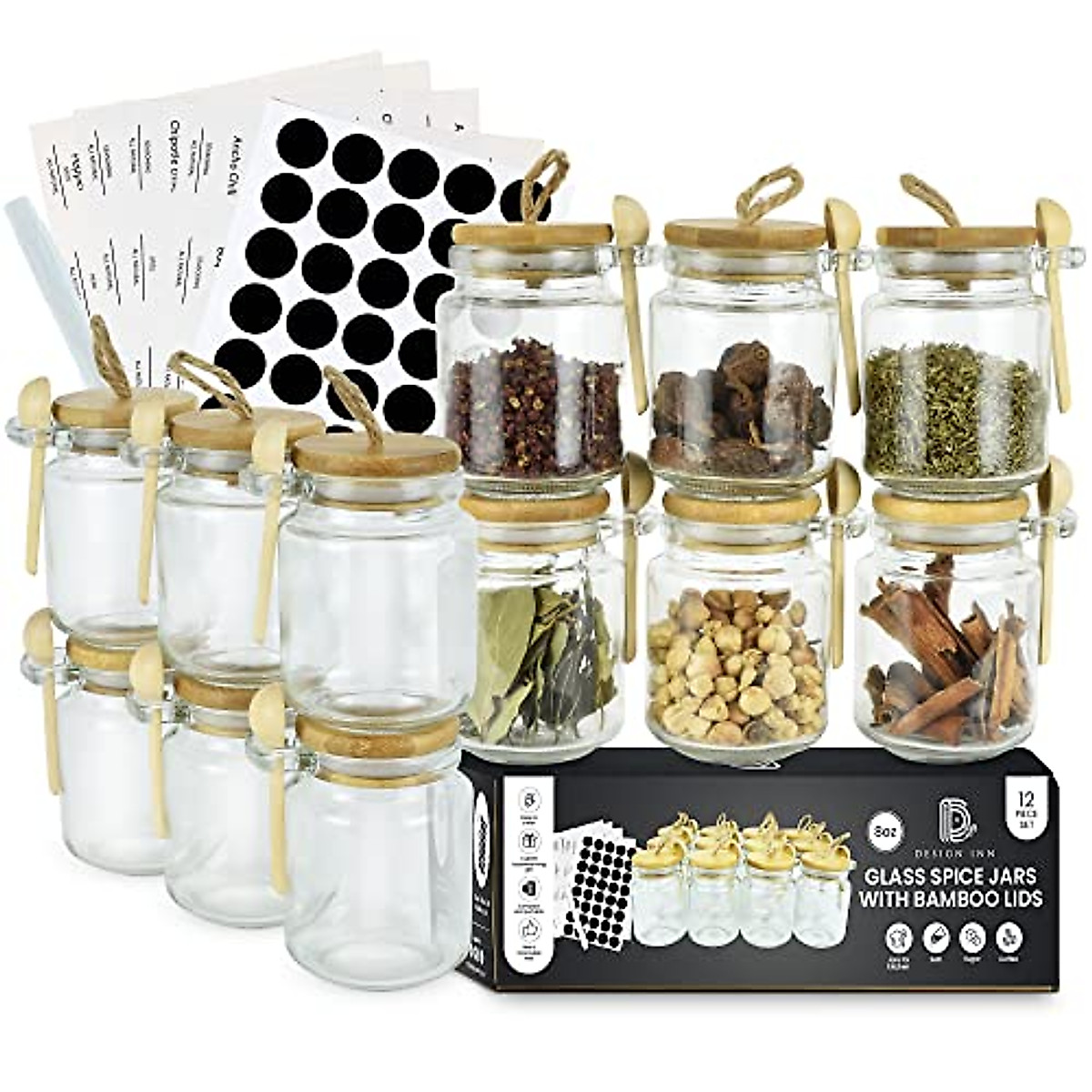 DESIGN INN 12 Airtight Glass Spice Jars with Bamboo Lids - 8oz Empty Spice Bottles Containers, 100 White, Spice Jars With Label & Spoon, 40 Black Labels And Pen, Spice Containers