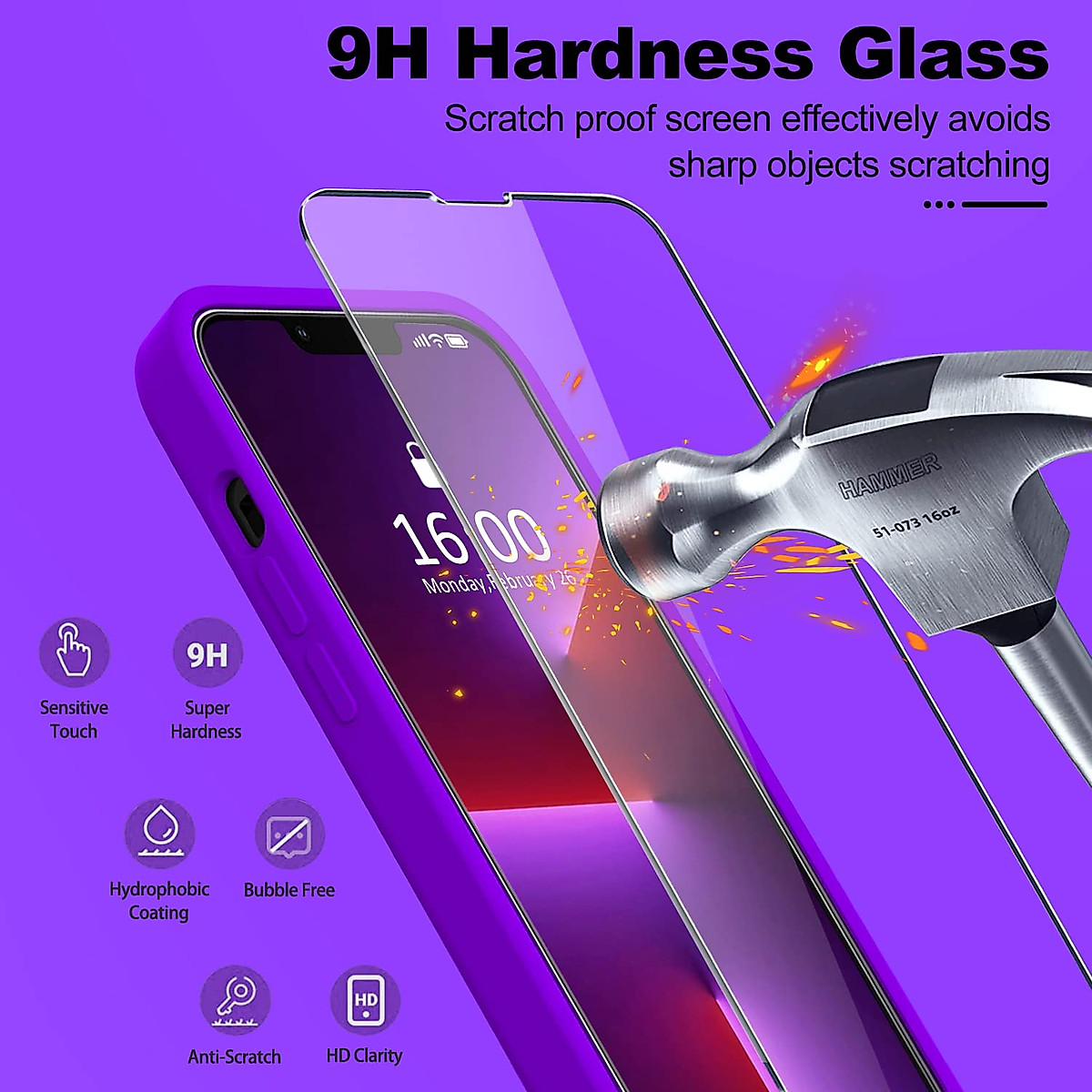 BossKiss Compatible with iPhone 13 Pro Max Case, Premium Liquid Silicone Case [Velvety Touch] [2 Pcs 9H Tempered Glass Screen Protector], Camera All-Round Protection Shockproof Kit Case,Neon Purple