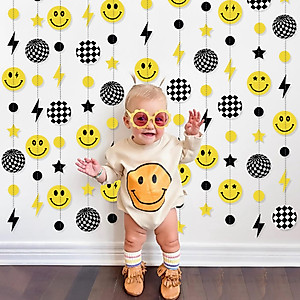 One Happy Dude Paper Garland for 1st Birthday Decorations Boy - Pre-Strung Smiley Face String Banner with Checkered, Perfect Hanging Streamer Backdrop Idea for Cool Dude Birthday Party (44Ft)