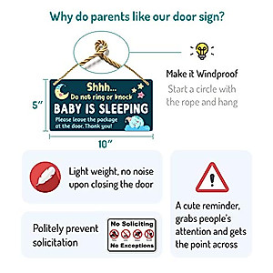 Funplus Baby Sleeping Sign for Front Door - Do Not Knock or Ring - 10″x5″ PVC Plastic Hanging Sign，Please do not knock or ring the bell, it upsets the dog, which upsets the baby, which upsets mom