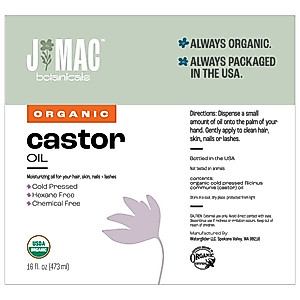 J MAC BOTANICALS Organic Castor Oil, Cold Pressed (16 oz) BPA Free, Castor hexane free, for face, skin, eyelashes, Certified USDA Organic