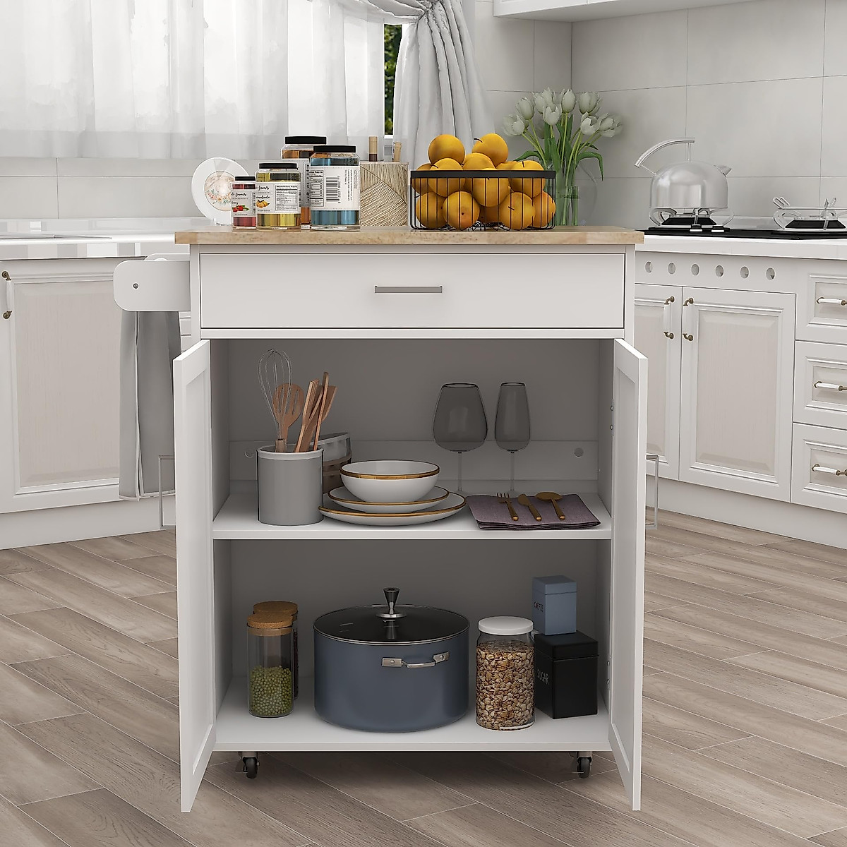 RASOO Kitchen Island on Wheels White Rolling Trolley Cart Island Cart Storage Cabinet with Rubber Solid Wood Countertop One Drawer and 2 Doors Towel Rack, 32.68"x17.72"x36.02"(LxWxH)