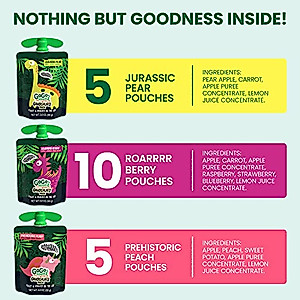 GoGo squeeZ Fruit & veggieZ Variety Pack, Jurassic Pear, Roarrrr Berry & Prehistoric Peach, 3.2 oz (Pack of 20), Unsweetened Snacks for Kids, No Gluten, Nut & Dairy, Recloseable Cap, BPA Free Pouches