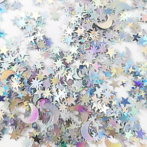 Hrovsur Table Confetti for Party - Star Moon Confetti Iridescent Metallic Glitter Foil Confetti for Birthday Anniversary Wedding Graduation Party Bachelorette Party Baptismal Party DIY (Silver)