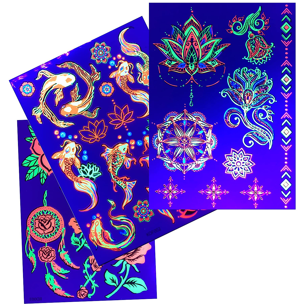 Temporary Tattoos – 3 Sheets Tattoo Design Body Art Blacklight Reactive Light Festival Accessories Glow in the Dark Party Supplies | 7.2” x 5.2” Temp Tattoos Great for EDM EDC Party Rave Parties