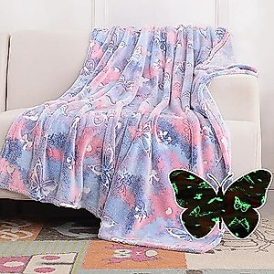 SOCHOW Butterfly Glow in The Dark Blanket for Daughters, Toys for 3-10 Year Old Birthday Presents, Soft Cozy Flannel Throw Blanket for Preteens Teens, Purple 50 x 60 Inches