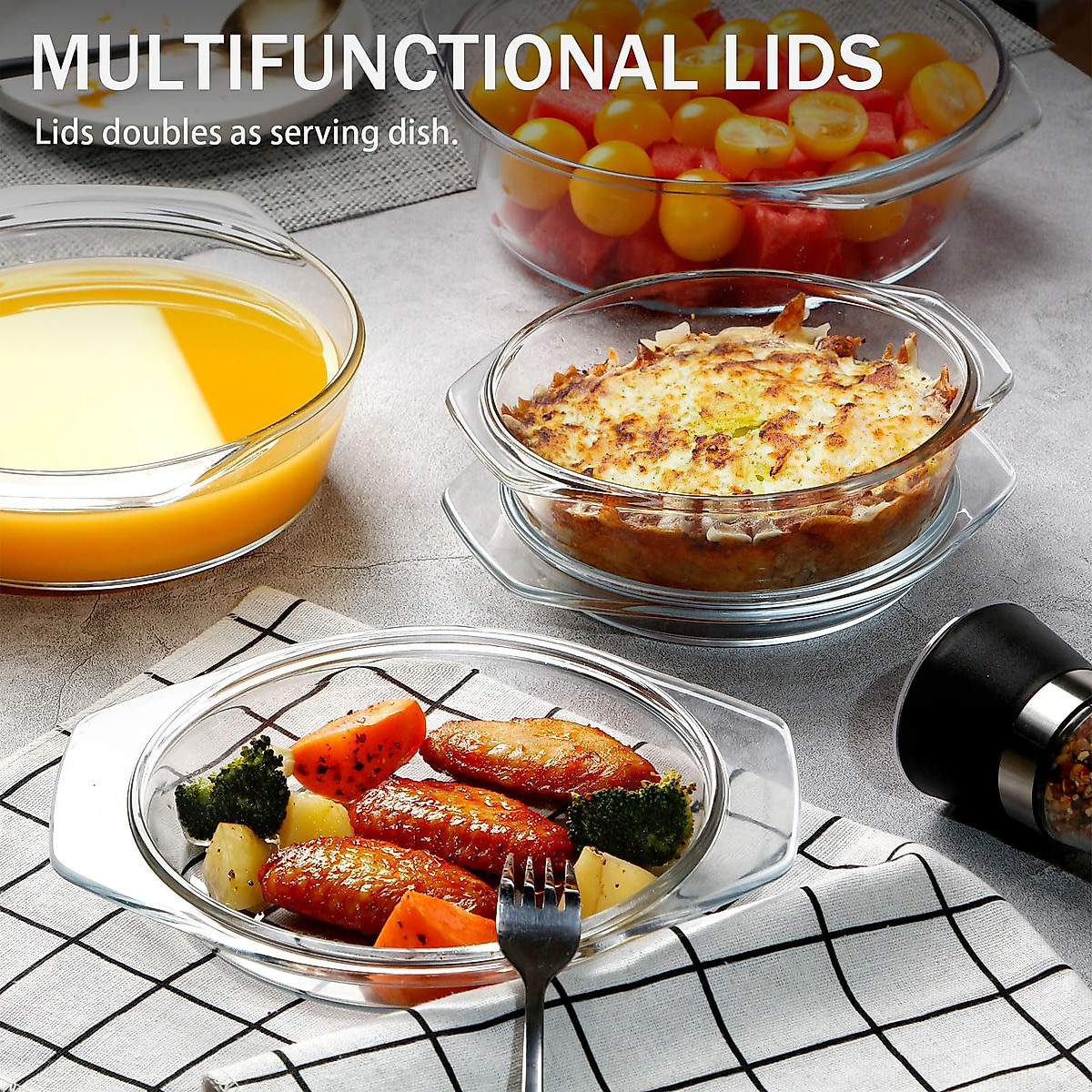 NUTRIUPS Round Glass Casserole Dish Set, Glass Casseroles Cookware with Glass Lid, Glass Casserole Dish With Lid(Set of 3-0.65L+1L+1.4L)