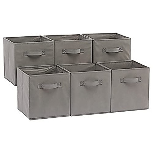 Amazon Basics 6-Cube Wire Grid Storage Shelves, 14" x 14" Stackable Cubes, Black & Amazon Basics Collapsible Fabric Storage Cubes Organizer with Handles, Gray - Pack of 6