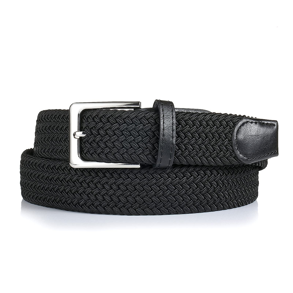 BSLLNEK Elastic Braided Belt, 1 3/8", Woven Stretch Belt for Golf Casual Jeans Shorts Pants (Black, Medium (33-36" Waist))