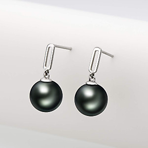 DENGGUANG 18K Gold Tahitian Black Pearl Stud Dangle Earrings 8-9mm Genuine Tahiti Cultured Pearls Drop Dangle Earrings, Mothers Day Gifts for Mom - White Gold