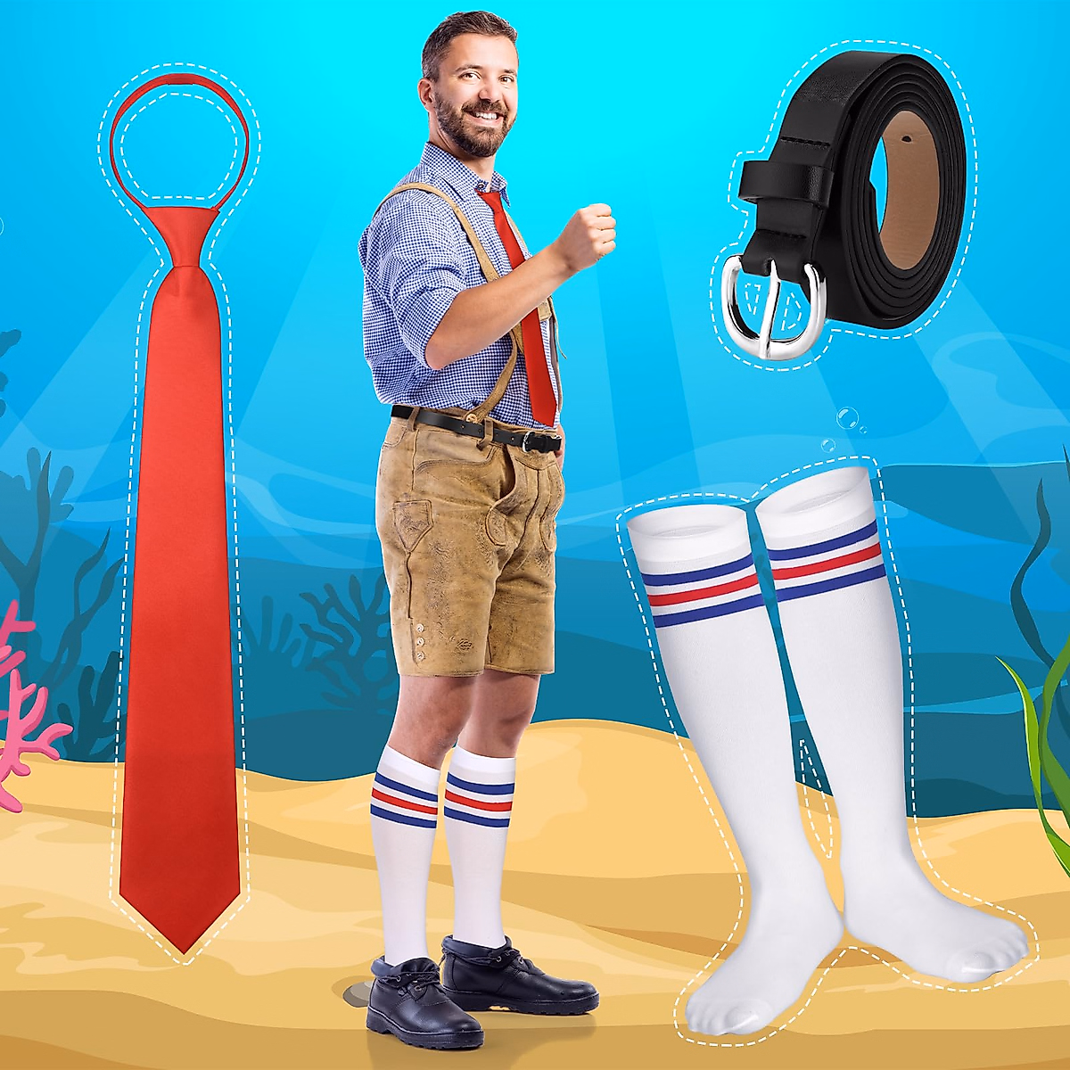 Xtinmee 3 Pcs Halloween Costume Set for Adult Men - Yellow Square Costume Accessories Set with Red Necktie, 3 Stripes Sports Soccer Team Socks, Black Belt for Sponge Cosplay