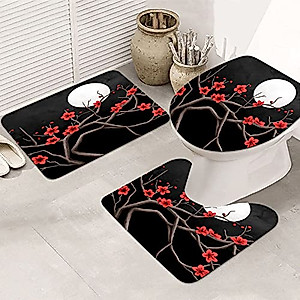 FEIFANMEI Red Flowers & Full Moon 4 Pcs Shower Curtain Sets Non-Slip Rug Toilet Lid Cover & Bath Mat Durable Waterproof Fabric 12 Hooks (72x72 inch)