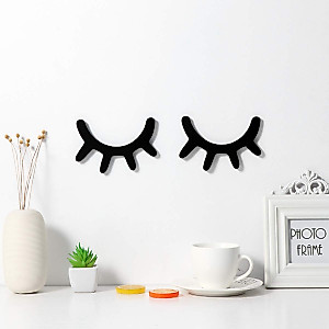 SEWACC 1 Pair Sleepy Eyes Wall Decor Wooden Eyelash Wall Stickers Wall Decal Decoration for for Nursery Baby Room Kids Bedroom Wall Art (Black)