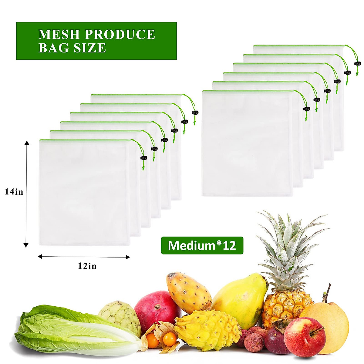 JSVSLTD Set of 12 Reusable Mesh Produce Bags - Washable Produce Bags - 12 Green Medium (12"x14") See-through Mesh Produce Bags for Storage Fruit, Vegetable, Toy