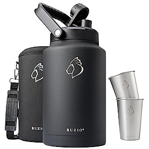 BUZIO One Gallon Water Bottle Insulated, 128oz Stainless Steel Water Bottle, 18/8 Food-Grade Beer Growler with Carrying Pouch and Two Stainless Steel Cups, Hot Cold Thermo Canteen Mug, Black