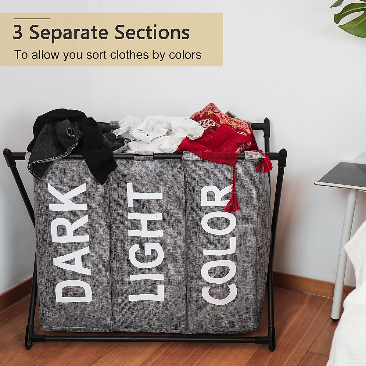 X-cosrack 180L Laundry Hamper 3 Sections Laundry Sorter, Foldable & Collapsible 3 Bin Laundry Hamper with Handles, Waterproof Lining Laundry Organizer for Dirty Clothes & Kid's Puppets, Black, Grey