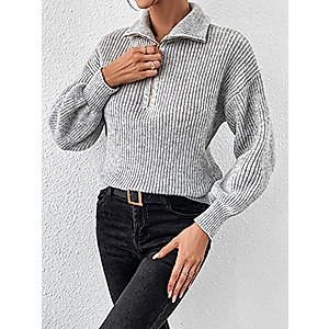Verdusa Women's Casual Zip Up Long Sleeve Pullover Sweater V Neck Collar Knitted Top Light Grey S