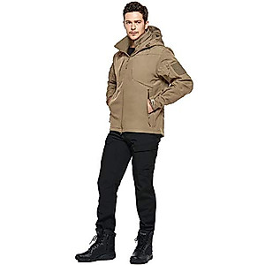 CQR Men's Winter Tactical Military Jackets, Lightweight Water Resistant Fleece Lined Softshell Hunting Jacket w Hoodie, Operator Multipocket Coyote, XX-Large