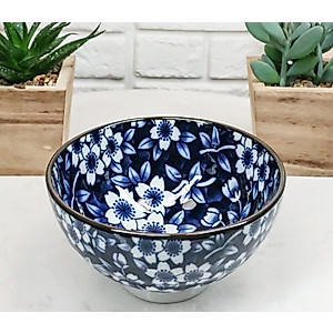 Ebros Gift Made in Japan Ming Style Blue And White Summer Floral Blossom Design 12oz Rice Soup Cereal Porcelain Bowls Set of 4 Home Decor Zen Asian Fusion Accent Housewarming Birthday Gifts Bowl Set