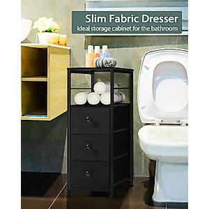 MOOACE Narrow Dresser for Bathroom, Slim Dresser Storage Cabinet, Chest of 3 Fabric Drawers with Wood Shelf, Bedroom Organizer Tower for Small Space, Closet, Laundry, Black