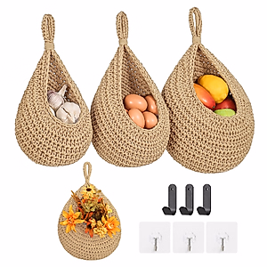 INJORAN Boho Wall Hanging Fruit Baskets for Kitchen 3 Pack Woven Produce Holder with 6 Pcs Strong Hooks Vegetable Hanging Basket for Organizing Teardrop Home Wall Potato Onion Storage, Linen