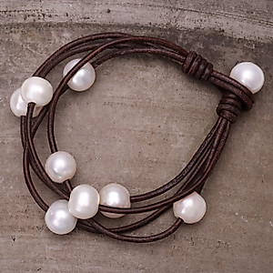 Aobei Pearl Cultured Freshwater pearl Wrap Bracelet on Multi Strands Leather Beaded Jewelry for Women Brown