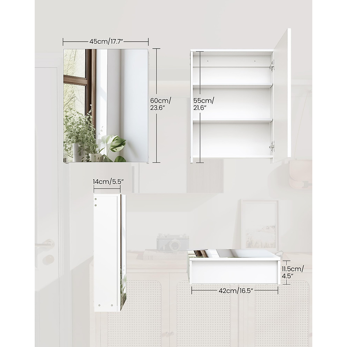 CHOEZON Bathroom Medicine Mirror Cabinet, Wall-Mounted Bathroom Vanity with Mirror, Bathroom Medicine Cabinet with Storage Function, Hanging Storage Cabinet, Adjustable Shelves, White