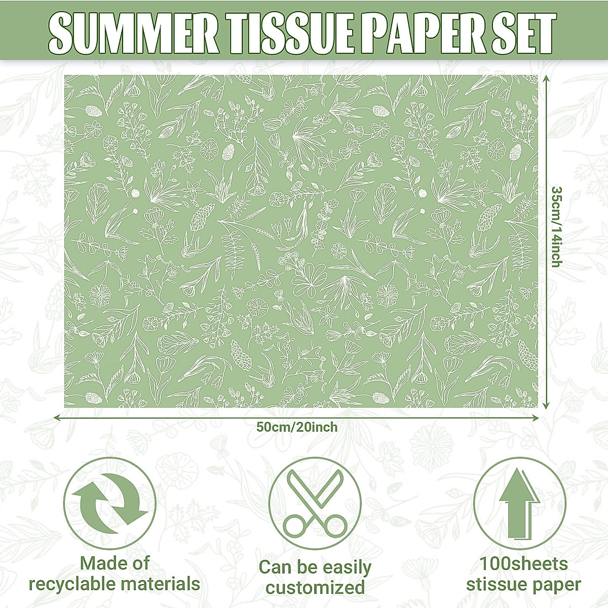 100 Sheets Sage Green Wildflowers Tissue Paper Green White Floral Printed Tissue Paper Botanical Decorative Tissue Paper for Green Boho Themed Baby Shower Wedding Birthday DIY Craft