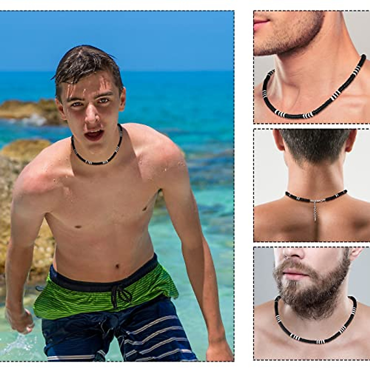 4 Pcs Puka Shell Necklace for Men Surfer Necklace Choker Beach Puka Choker Seashell Necklaces with Clam Chip Beads Xmas Gift (Elegant Color)