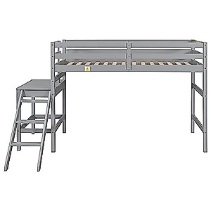 Prohon Loft Bed Twin Size with Platform & Ladder, Simple Loftbed with Large Underbed Storage Space and Full-Length Guardrails, Wooden Slat Support Loft Beds Frame, No Box Spring Needed, Grey