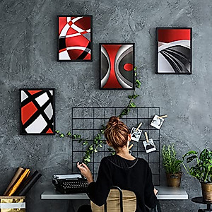 Outus 4 Pieces Red Stripes Poster Prints Unframed Abstract Wall Art Modern Abstract Wall Art Abstract Art Prints Black Silver Red Art Posters for Wall Home Decoration, 8 x 10 Inch