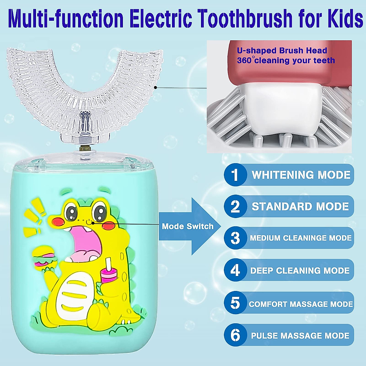 BLEBLE Kids Toothbrush Electric, Ultrasonic U Shaped Automatic Toothbrush with 4 Brush Heads 6 Cleaning Modes, IPX7 Waterproof Toothbrush Suitable for 2-12 Year-Old Children (Yellow)
