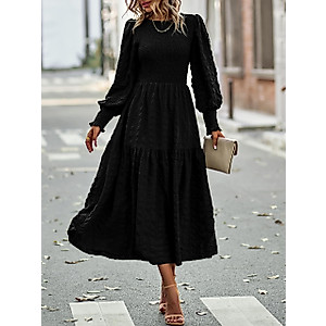 PRETTYGARDEN Women 2024 Puff Long Sleeve Crewneck Smocked Maxi Dress Solid Empire Waist Tiered A-line Swing Flowy Long Dress(Black,Medium)